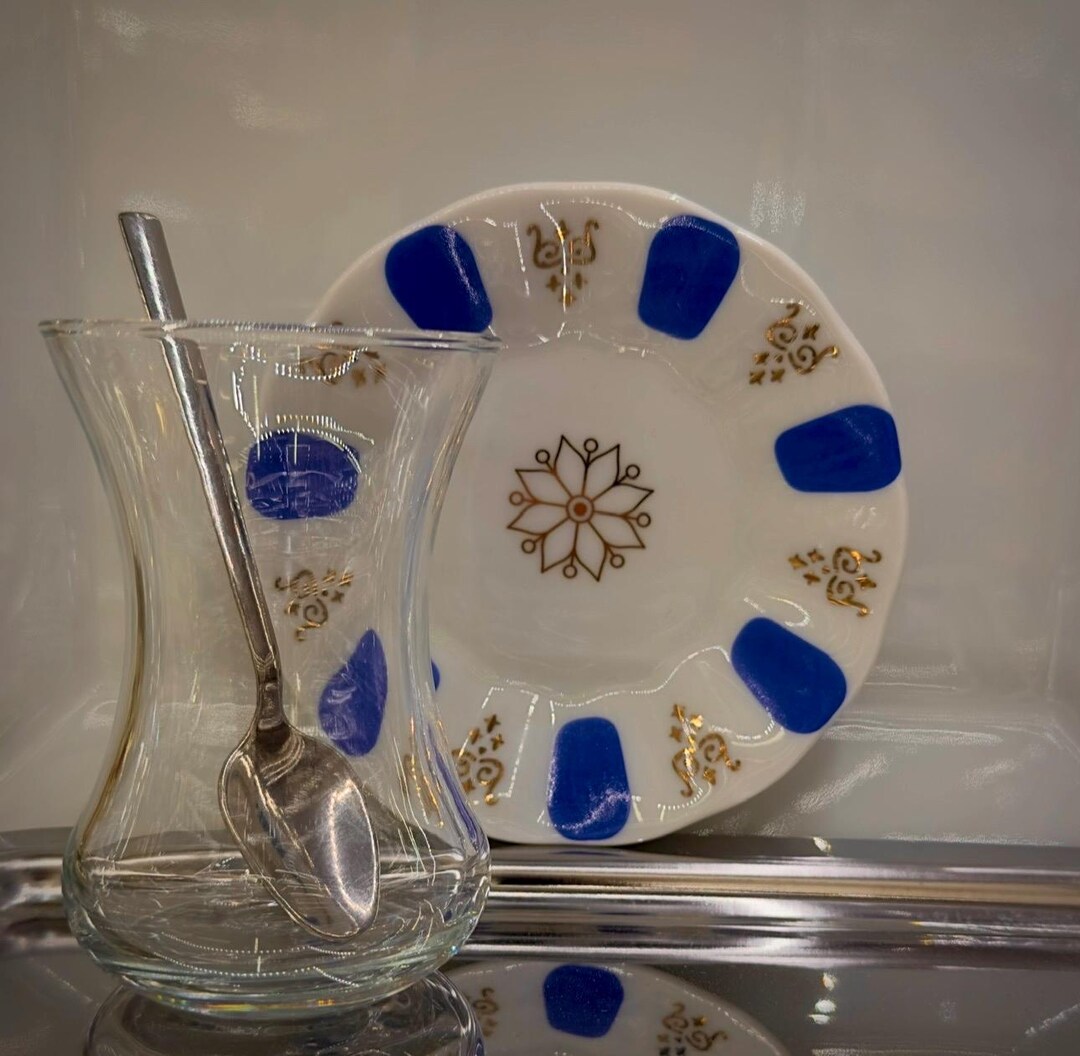 Turkish Tea Glass Set With Spoon Classic Blue - Etsy