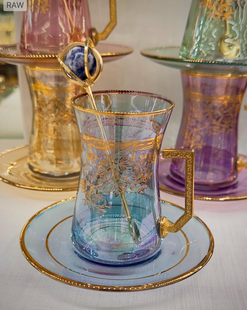 Turkish Tea Set Handmade Pantograph Mixed Color With Handle - Etsy