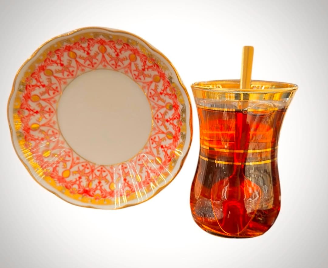 Gold Turkish Tea Glass Set With Spoon Red Motif - Etsy
