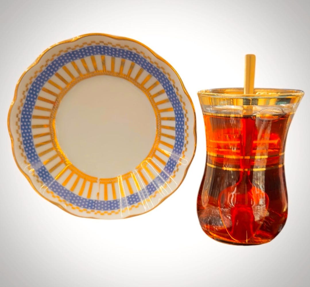 Gold Turkish Tea Glass Set With Spoon Blue Dots - Etsy