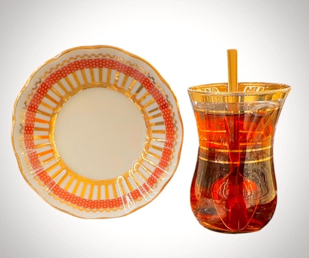 Gold Turkish Tea Glass Set With Spoon Red Dots - Etsy