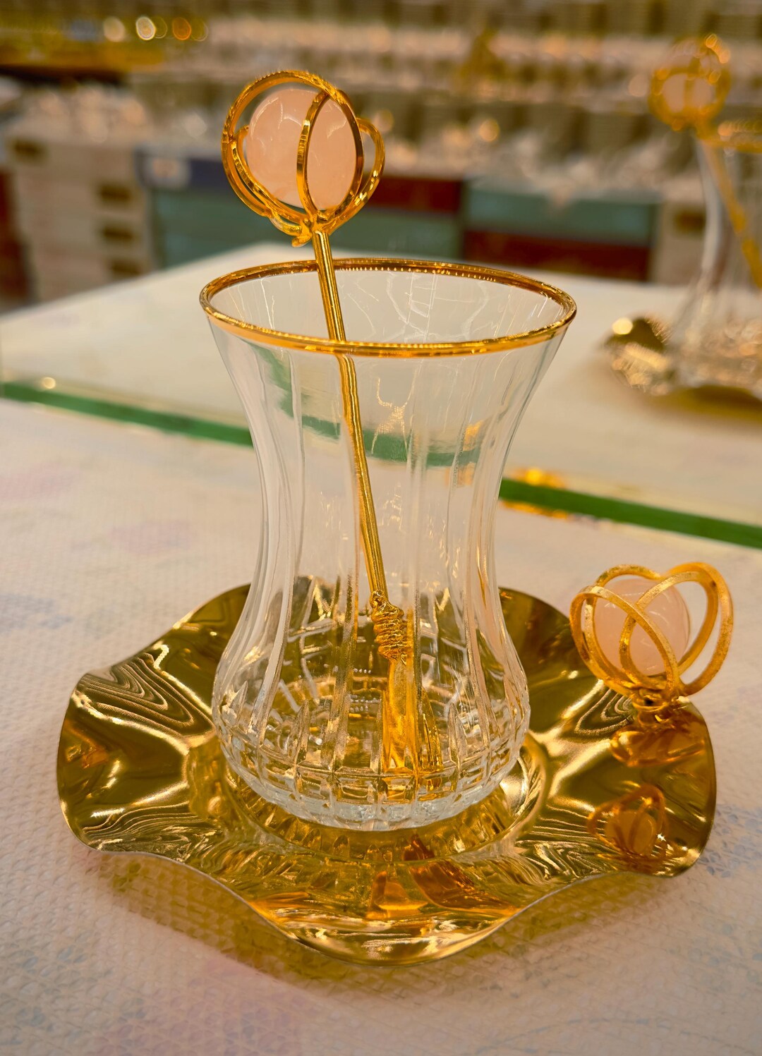 Turkish Tea Glass Set With Spoon Natural Stone Pink Quartz - Etsy
