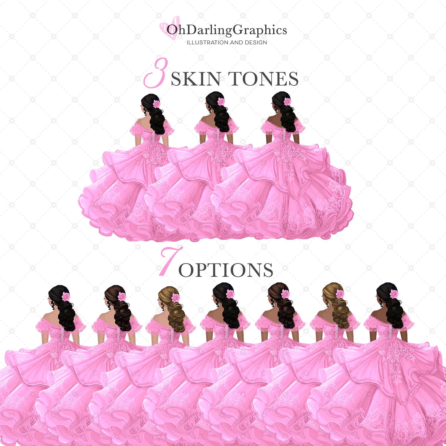 Pink Princess Dress Clipart, Pink Quinceañera Dress, Pink Flowers ...