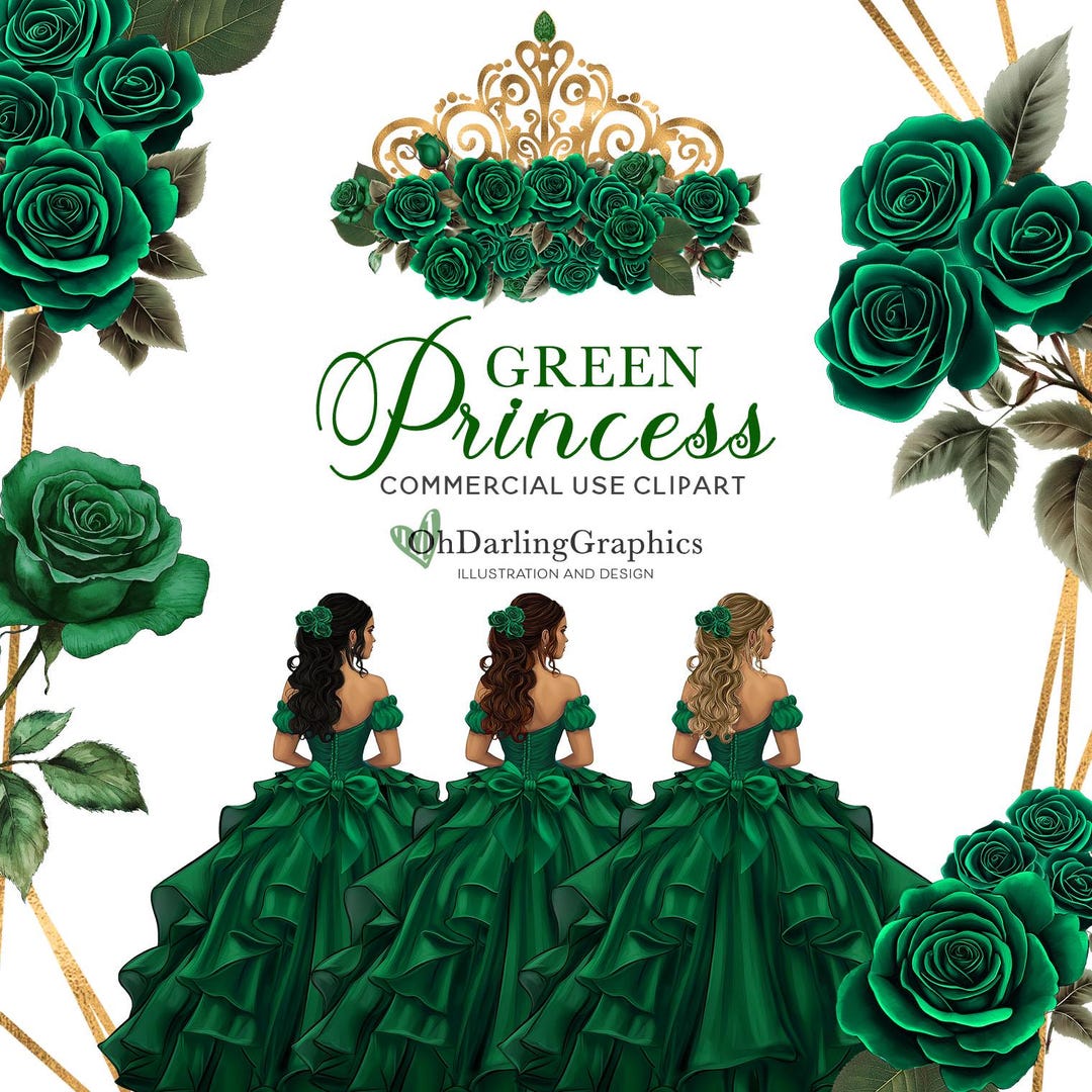 Green Princess Dress Clipart, Green Quinceañera, Green Flowers ...