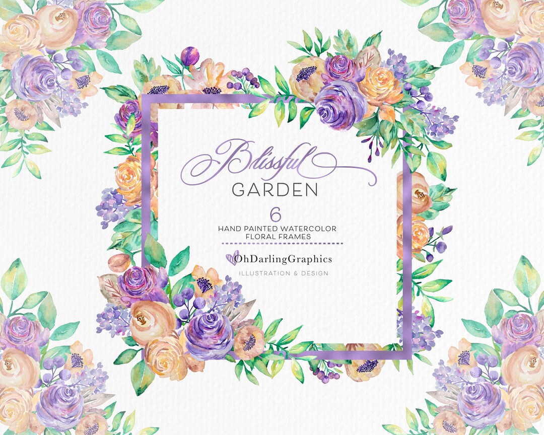 Peach & Purple Watercolor Floral Frames, Floral Frames, Hand Painted ...