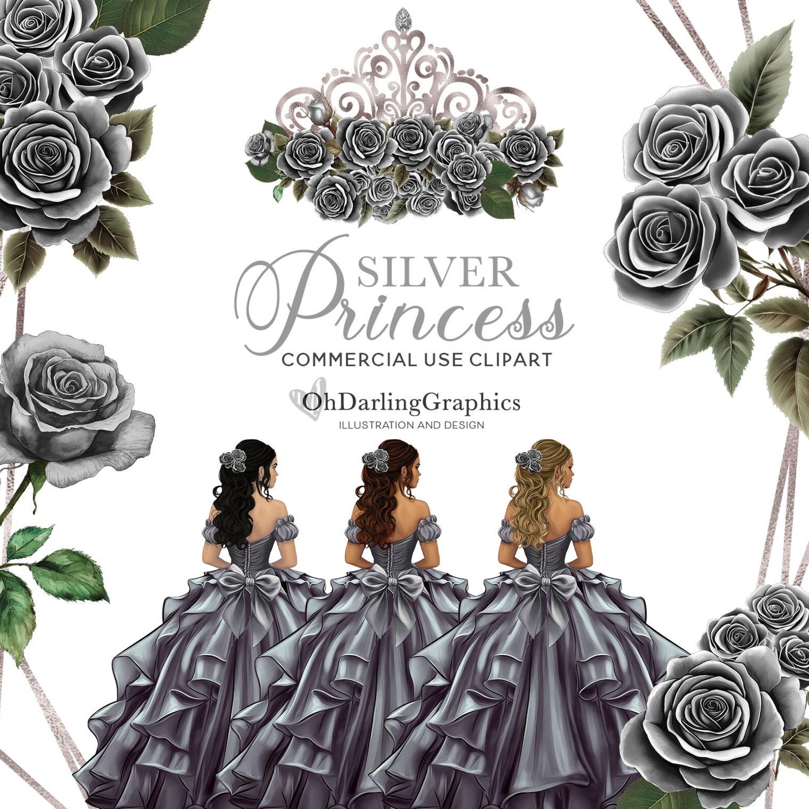 Silver Princess Dress Clipart, Silver Quinceañera Dress, Silver Flowers ...