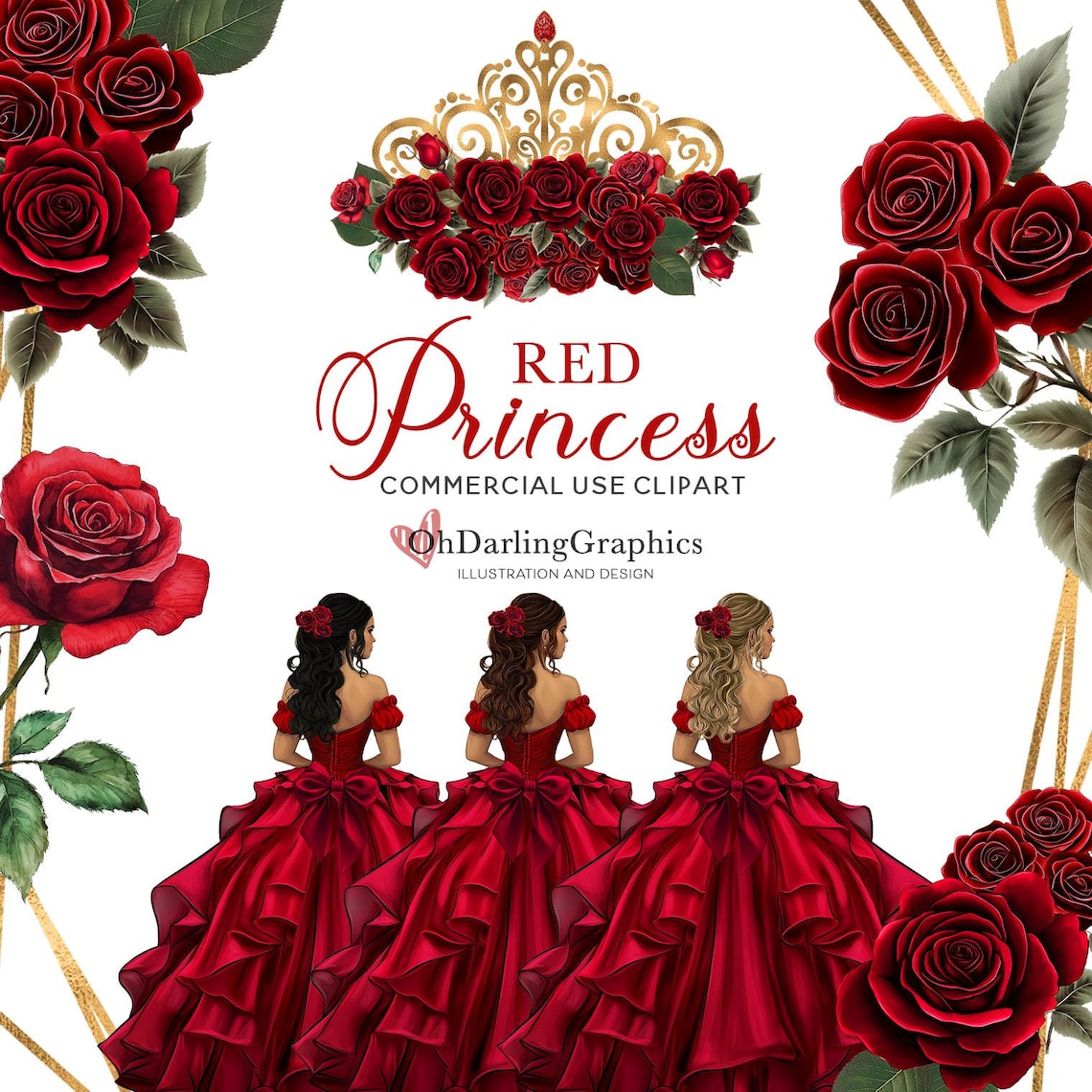 Red Princess Dress Clipart, Red Quinceañera, Red Flowers, Geometric ...