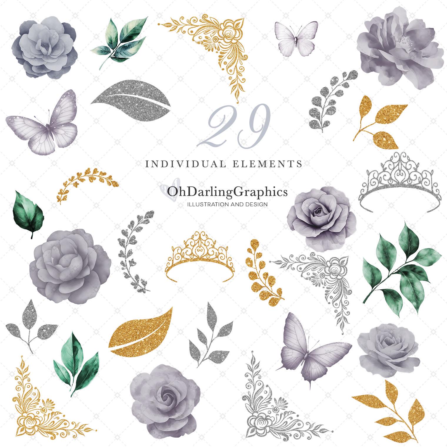 Silver Princess Dress Clipart, Quinceañera Dress, Silver Flowers ...