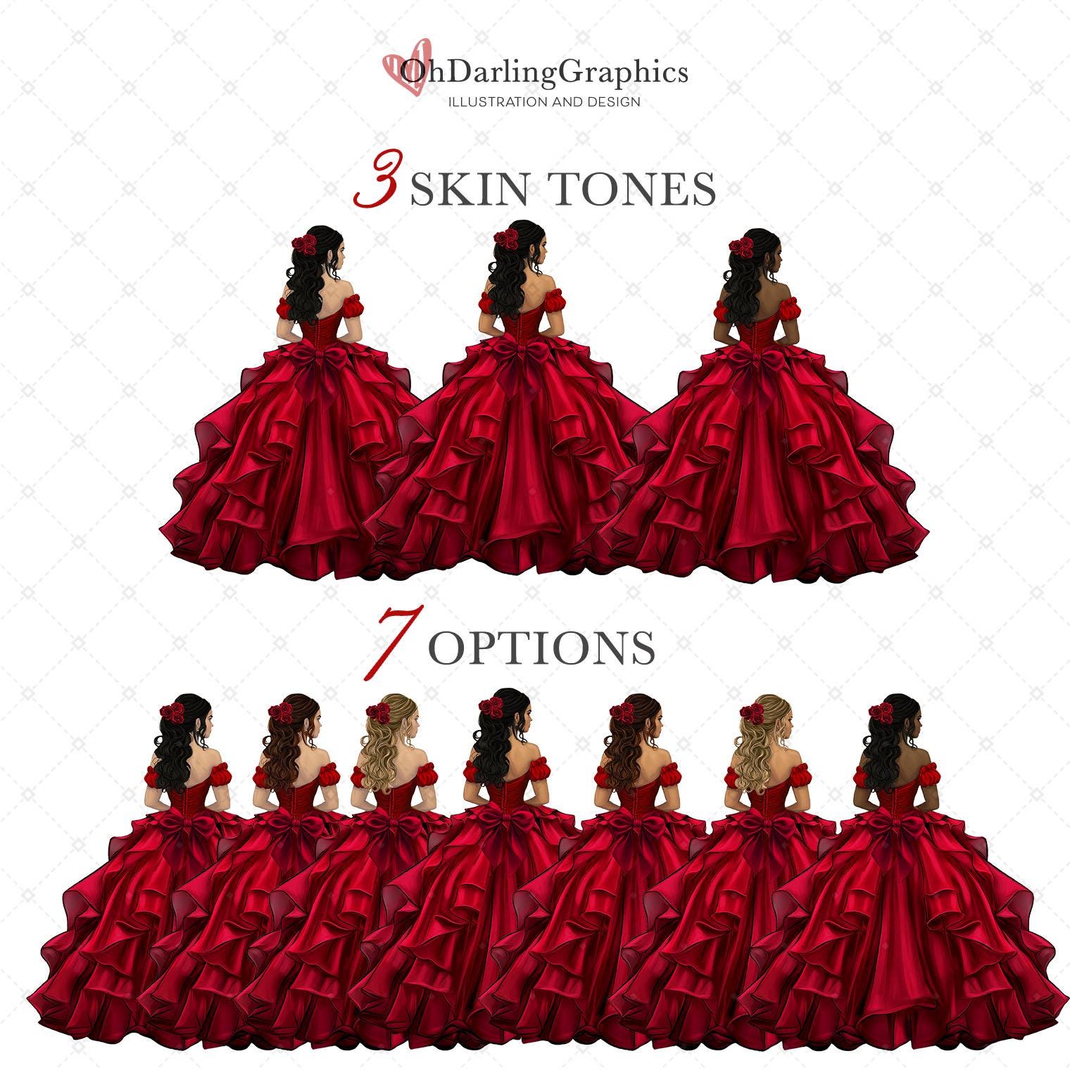 Red Princess Dress Clipart, Red Quinceañera, Red Flowers, Geometric ...