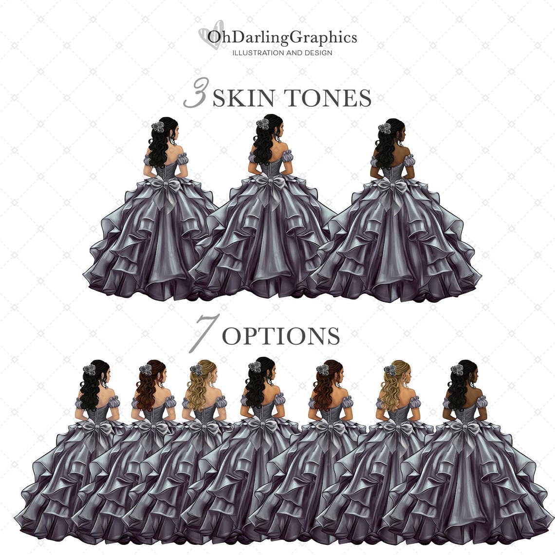 Silver Princess Dress Clipart, Silver Quinceañera Dress, Silver Flowers ...