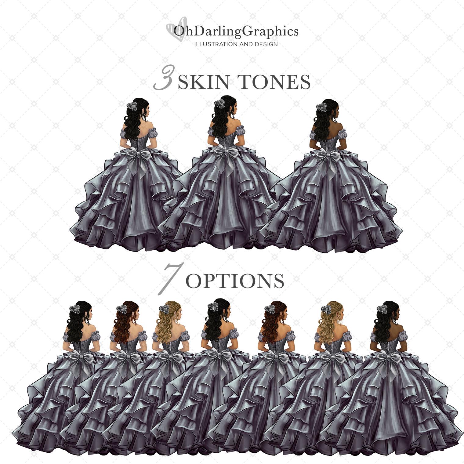Silver Princess Dress Clipart, Silver Quinceañera Dress, Silver Flowers ...