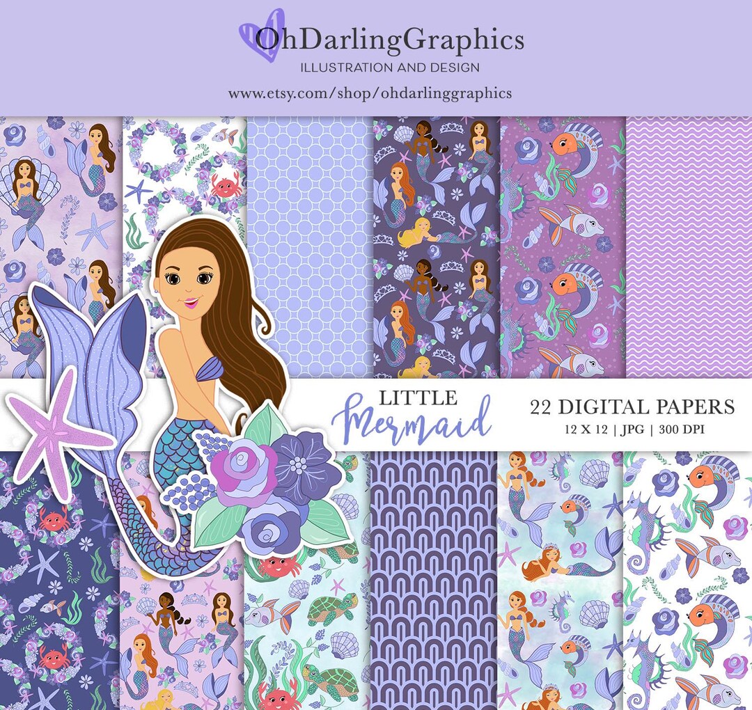 Mermaid Digital Paper, Mermaid Girl, Purple Mermaid, Under the Sea, DIY ...