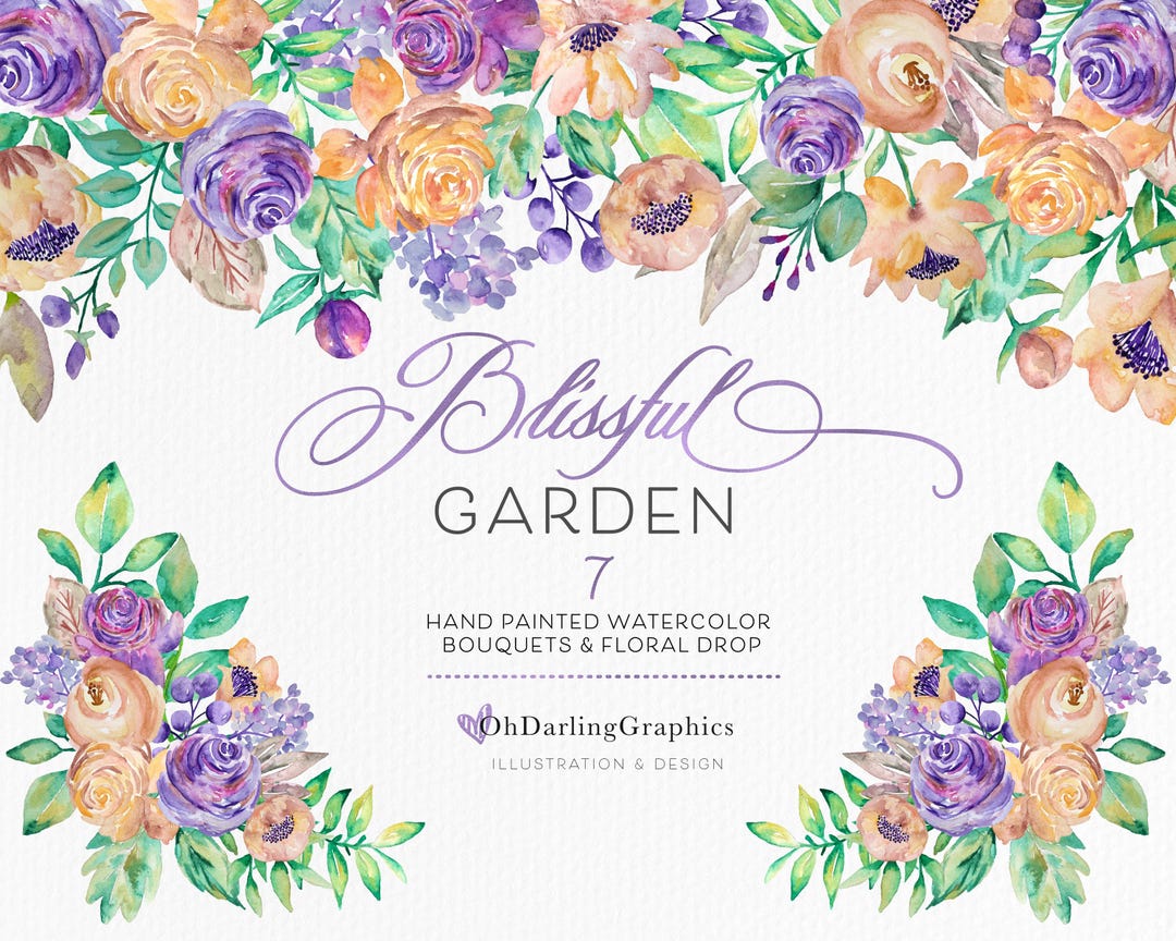 Peach & Purple Watercolor Floral Bouquets, Floral Bouquets, Hand ...