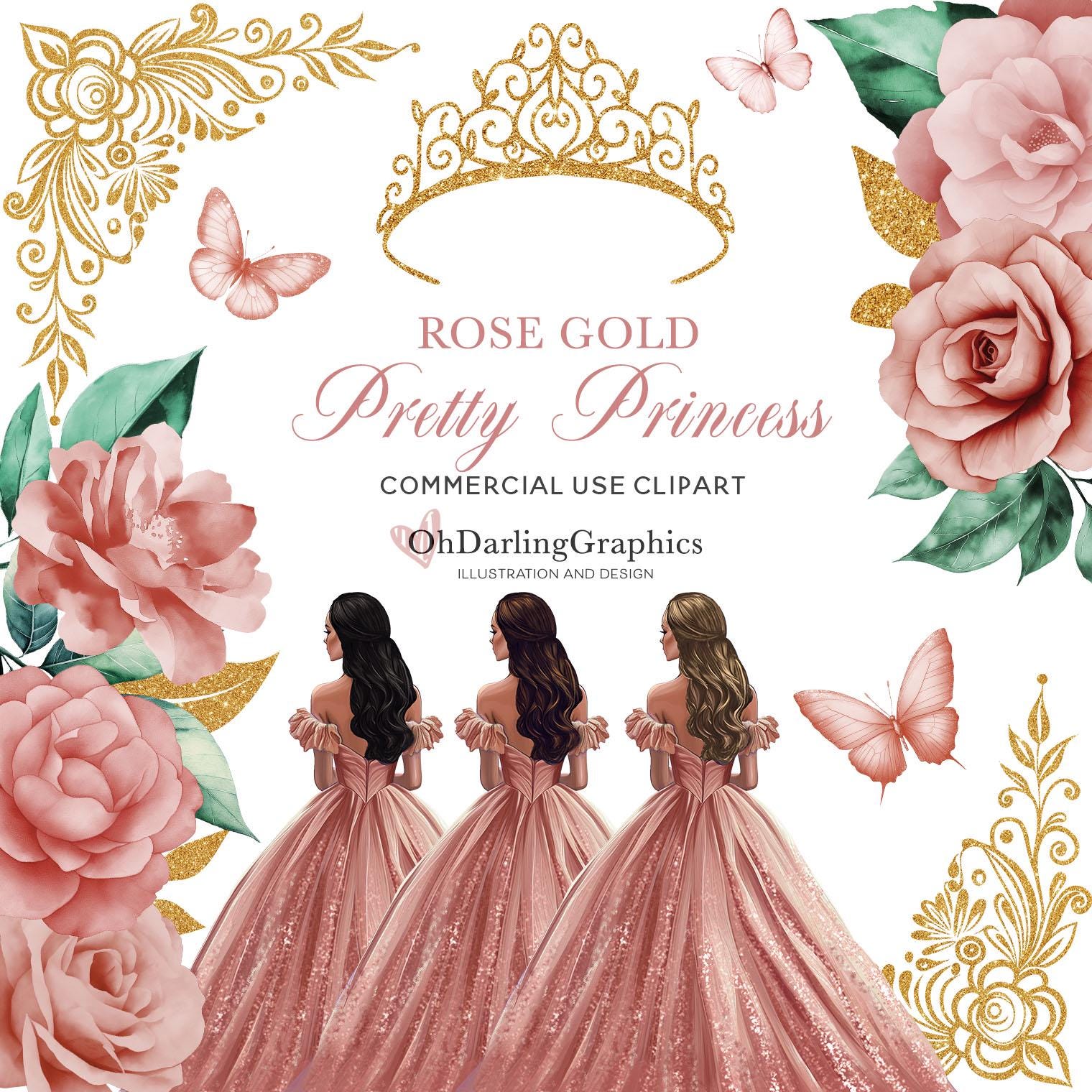 Rose Gold Princess Dress Clipart, Quinceañera Dress, Rose Gold Flowers ...