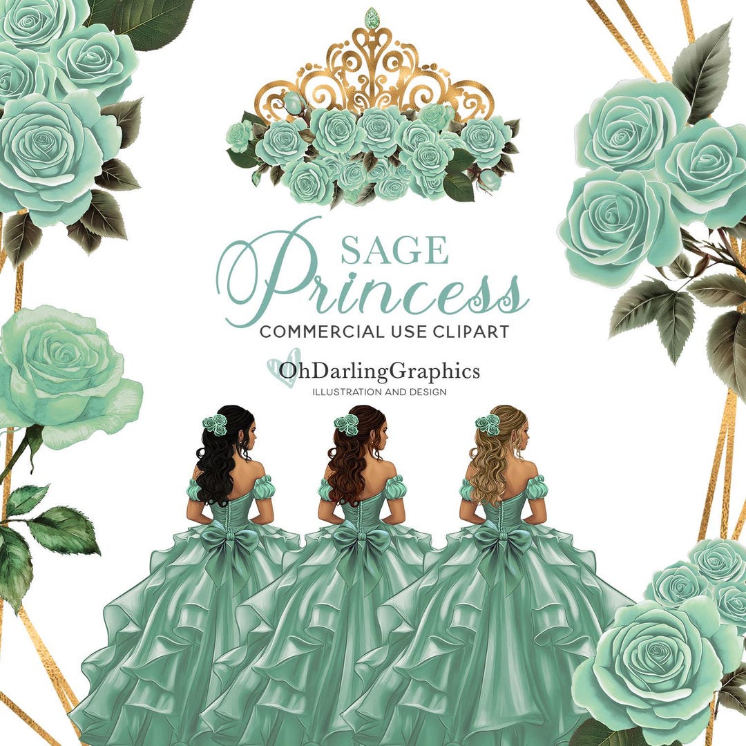 Sage Princess Dress Clipart, Quinceañera, Sage Roses, Geometric Frames ...