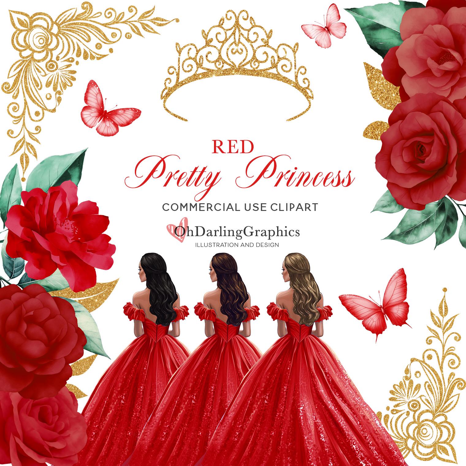 Red Princess Dress Clipart, Quinceañera Dress, Red Flowers, Butterflies ...