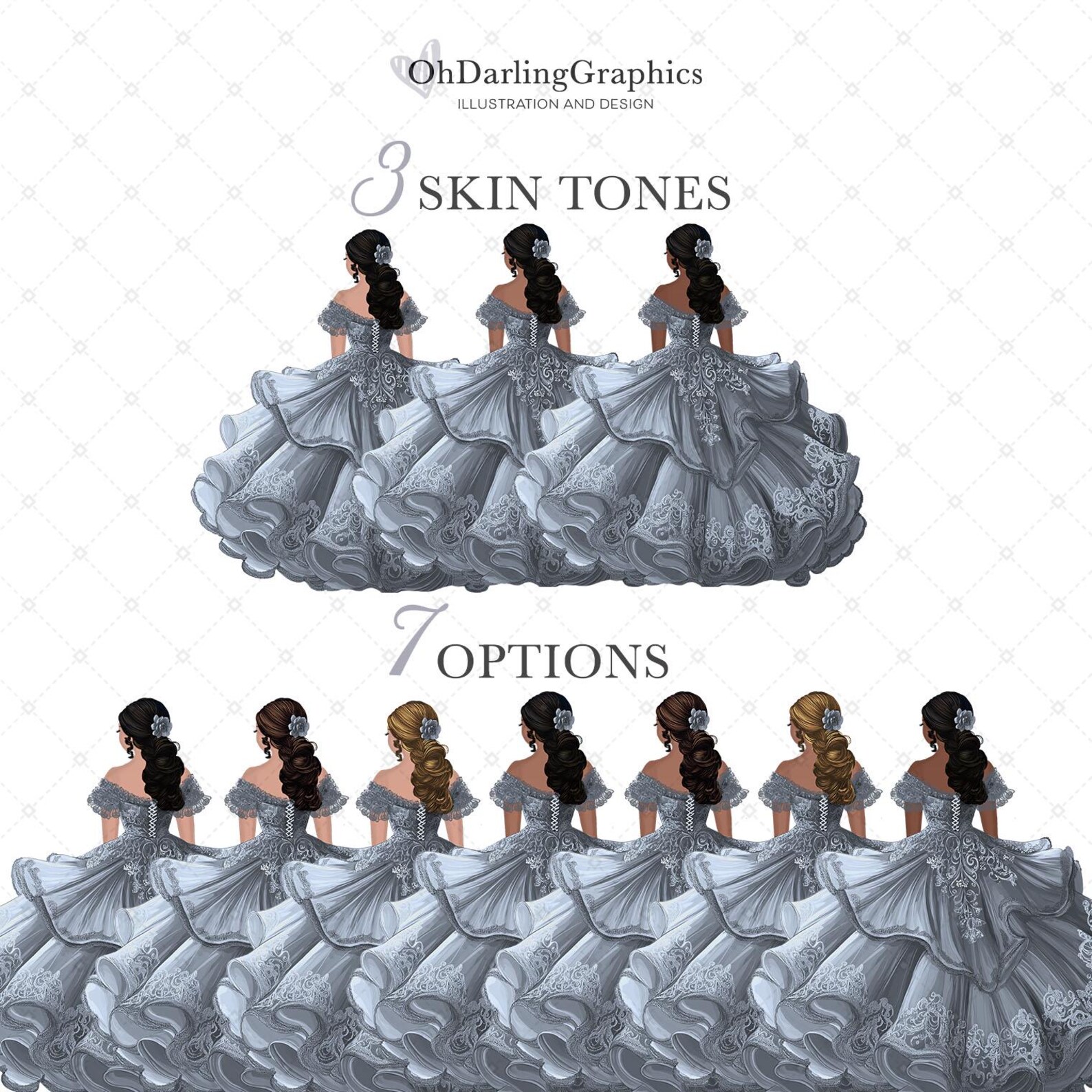 Silver Princess Dress Clipart, Silver Quinceañera Dress, Silver Flowers ...