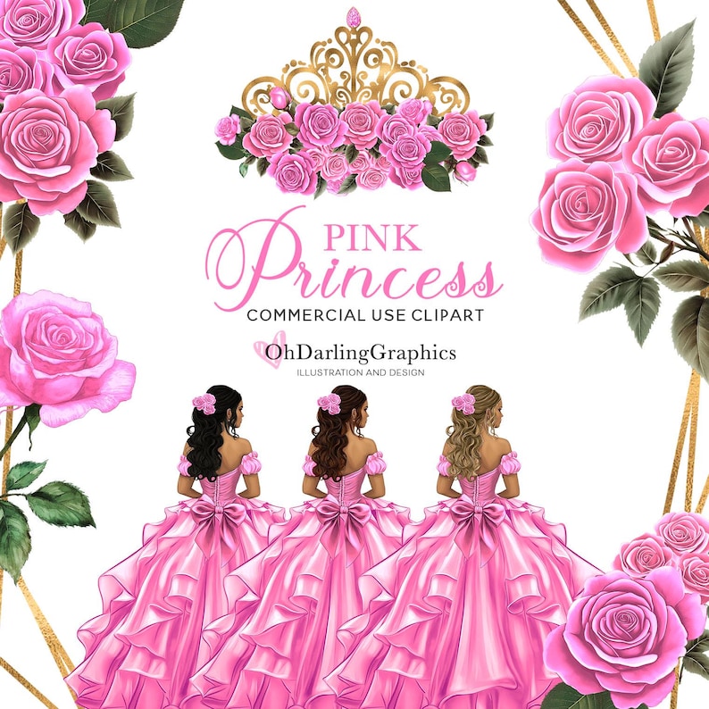 Pink Princess Dress Clipart, Pink Quinceañera, Pink Flowers, Geometric ...