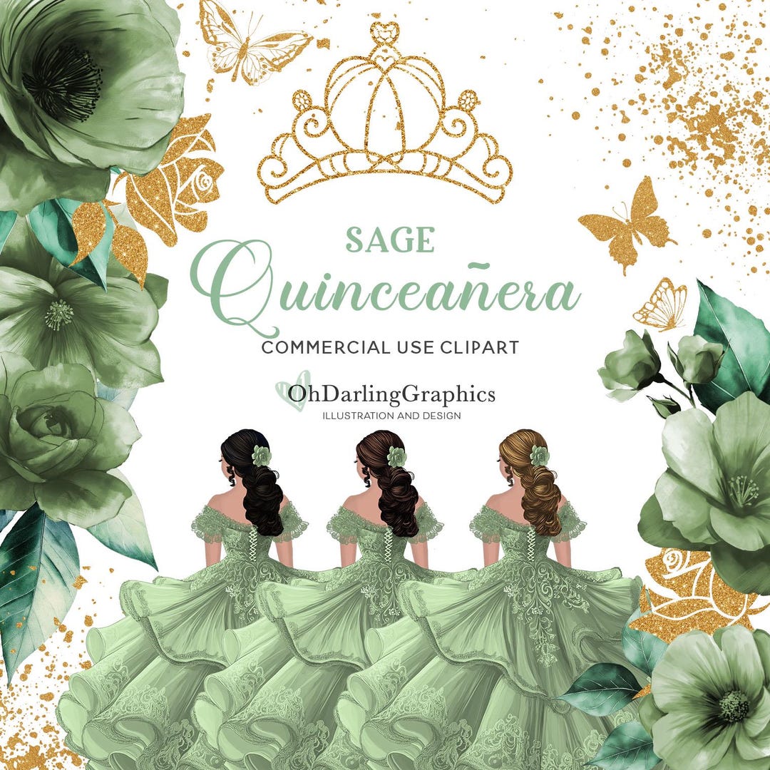 Sage Princess Dress Clipart, Sage Quinceañera Dress, Sage Roses ...