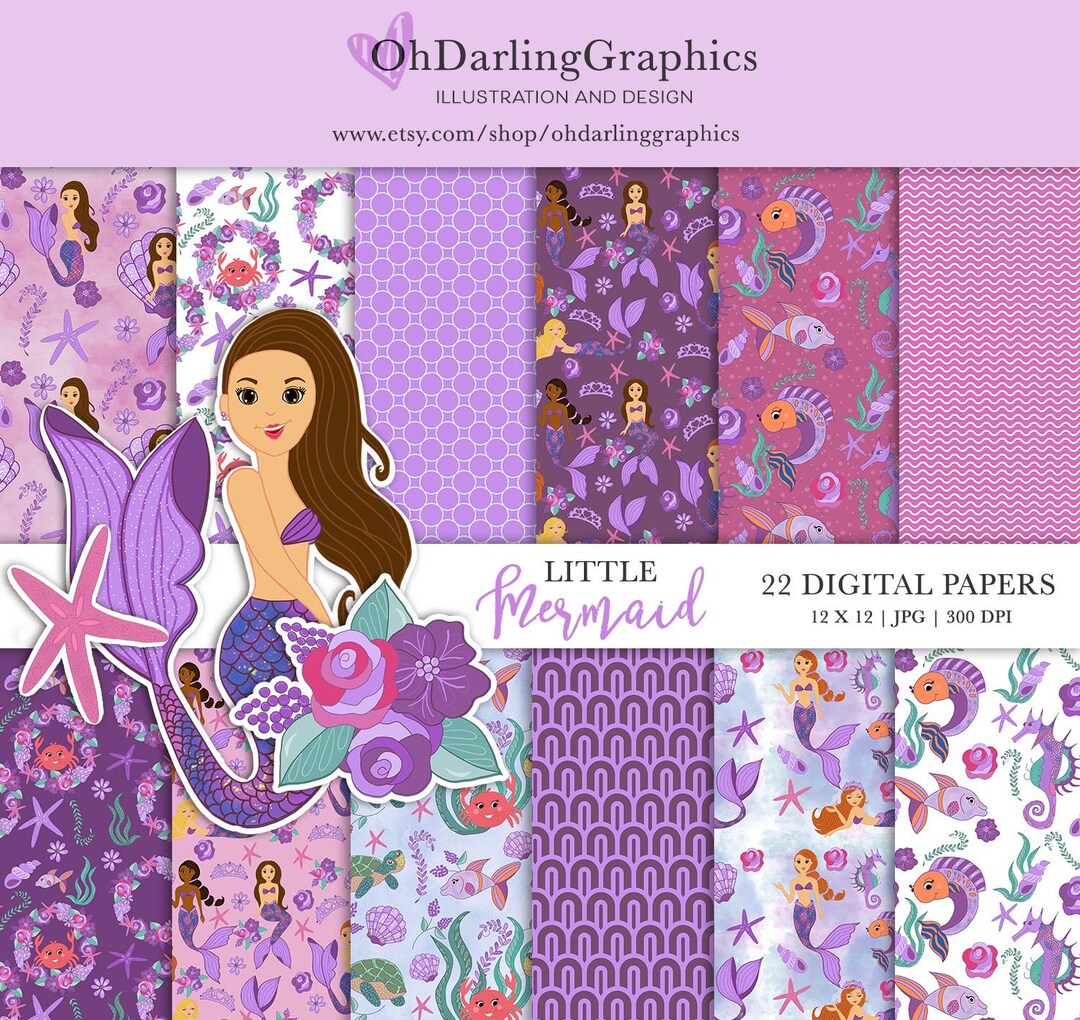 Mermaid Digital Paper, Mermaid Girl, Purple Mermaid, Under the Sea, DIY ...