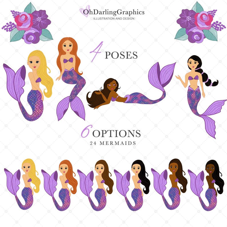 Purple Mermaid Clipart, Mermaid Girl, Under the Sea, Purple Mermaid ...