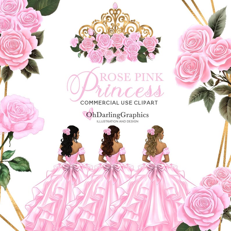 Rose Pink Princess Dress Clipart, Quinceañera, Pink Roses, Geometric ...