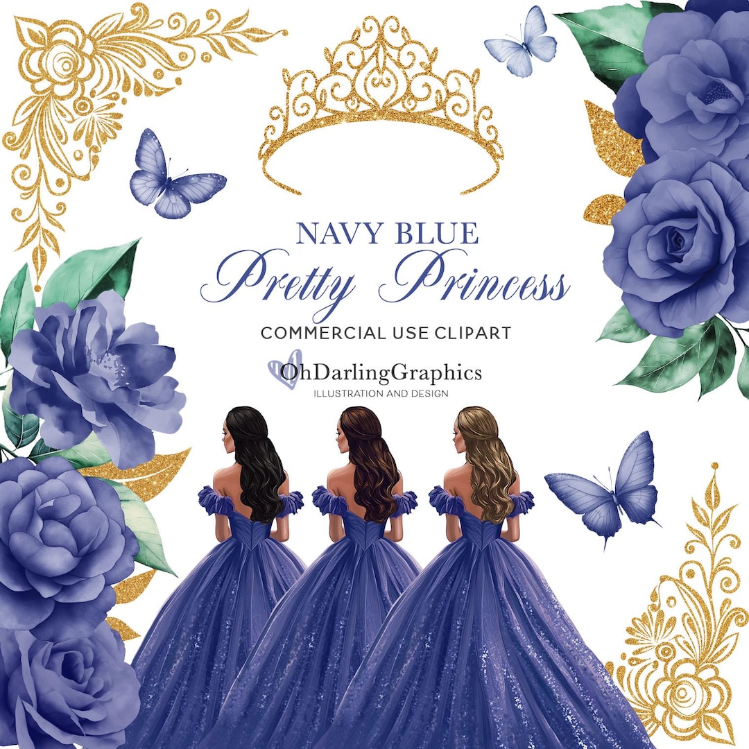 Navy Blue Princess Dress Clipart, Quinceañera Dress, Blue Flowers ...