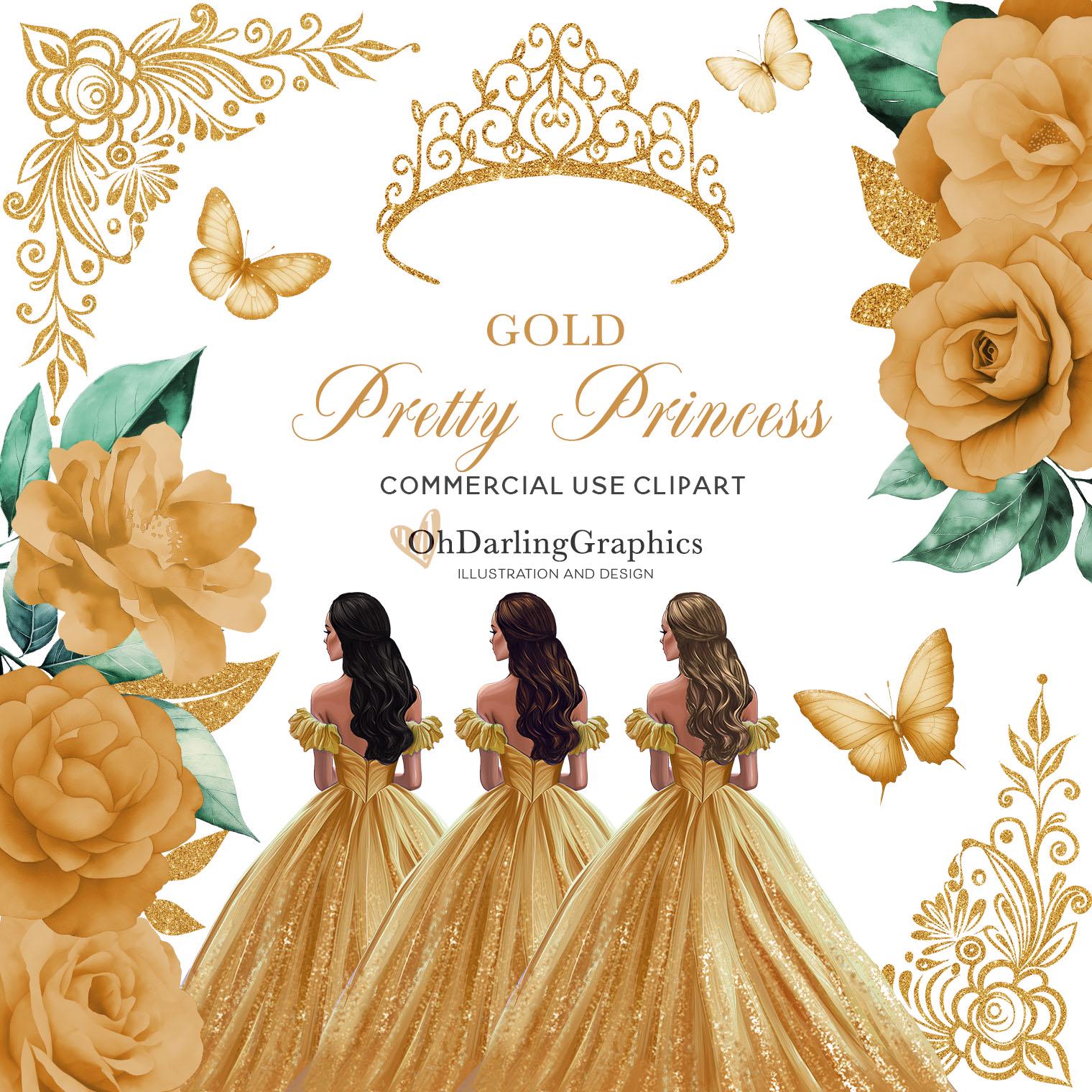 Gold Princess Dress Clipart, Quinceañera Dress, Gold Flowers, Tiara ...