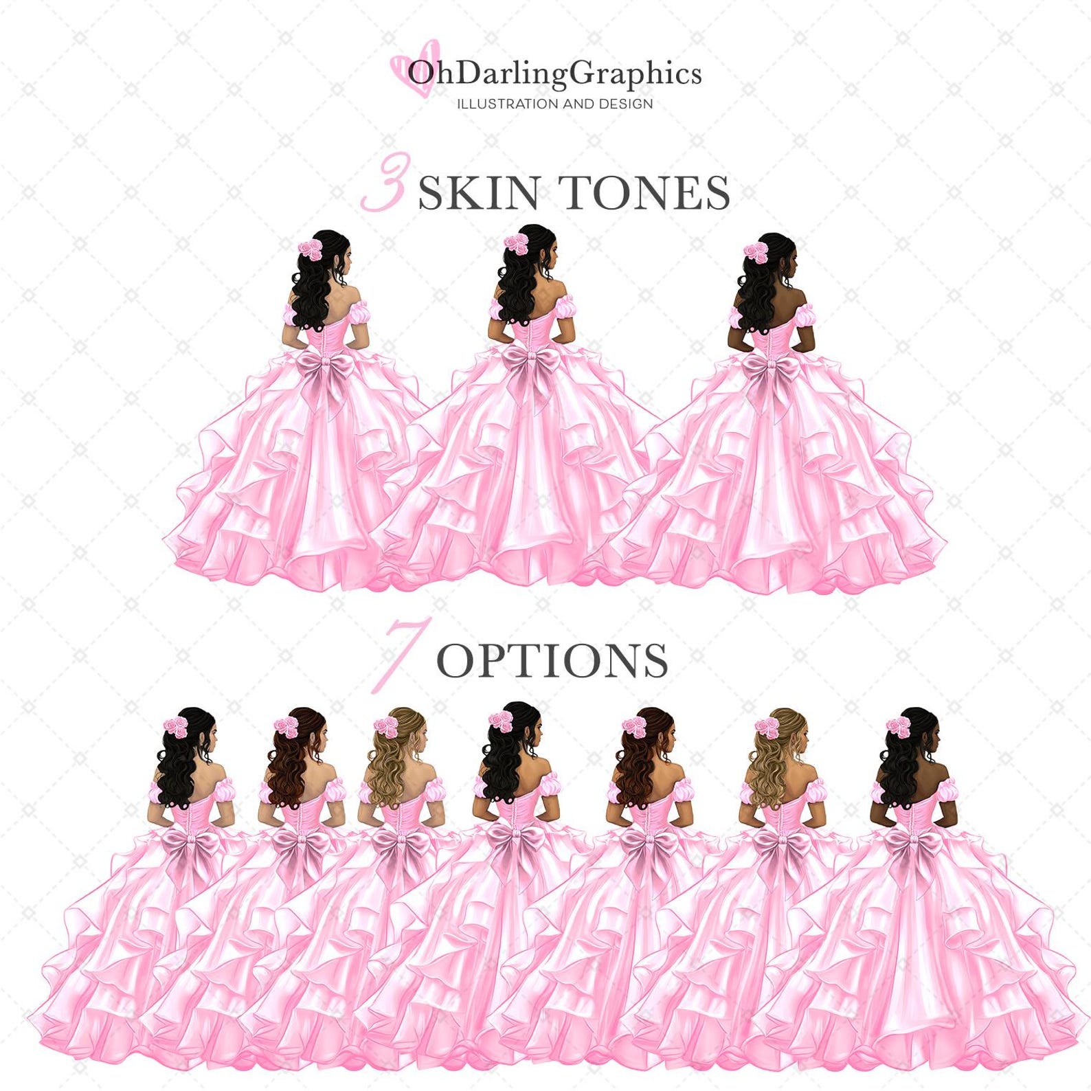 Rose Pink Princess Dress Clipart, Quinceañera, Pink Roses, Geometric ...