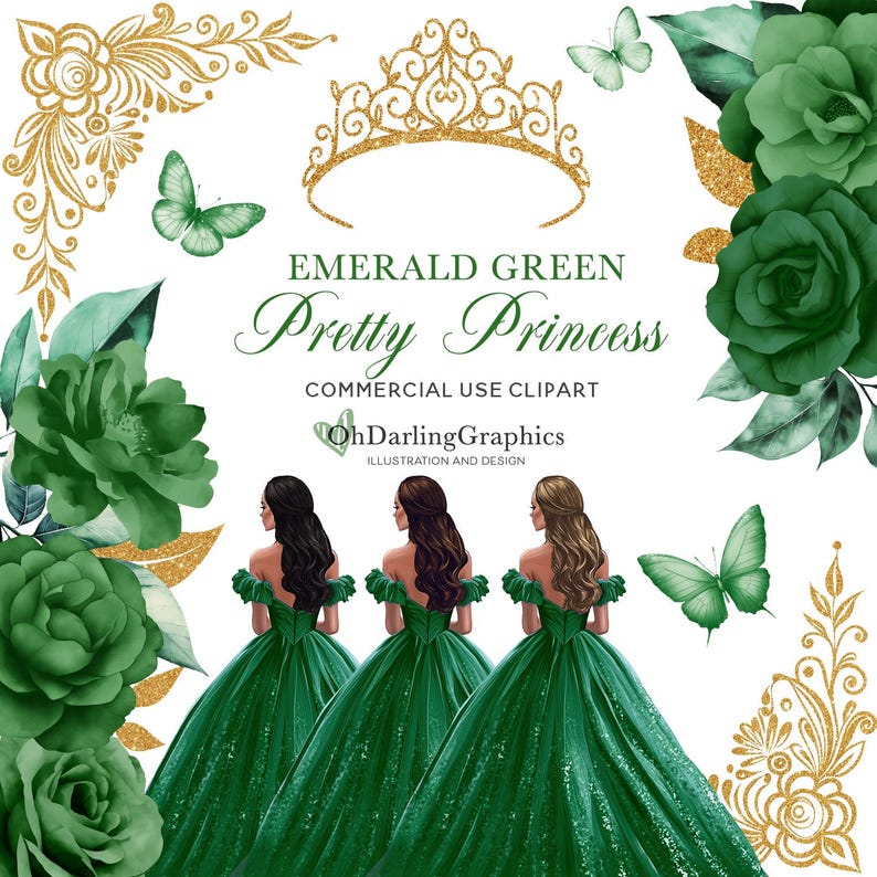Emerald Green Princess Dress Clipart, Quinceañera Dress, Green Flowers ...
