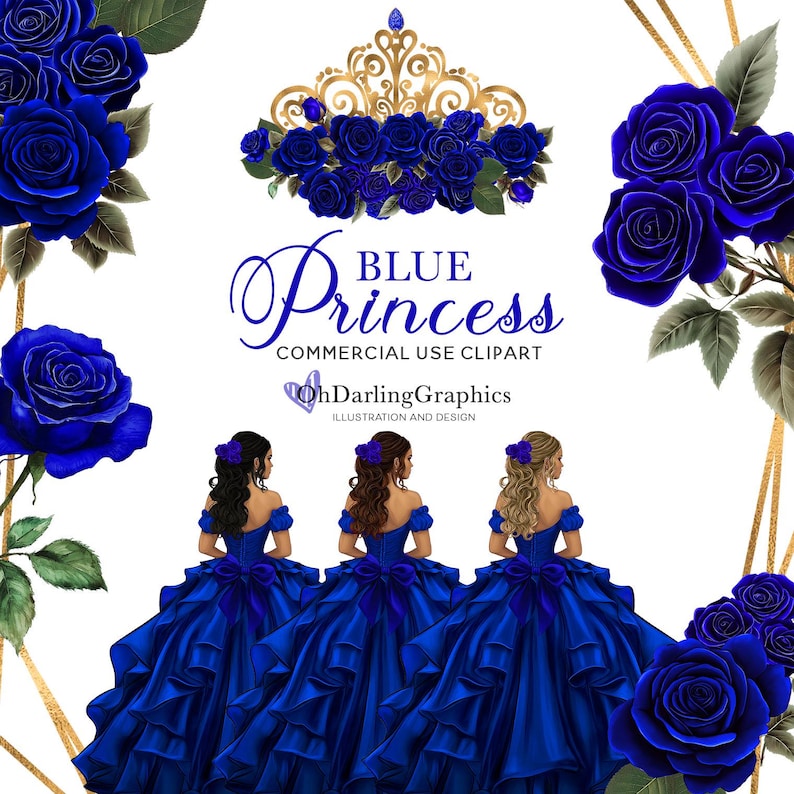 Blue Princess Dress Clipart, Blue Quinceañera, Royal Blue Flowers ...