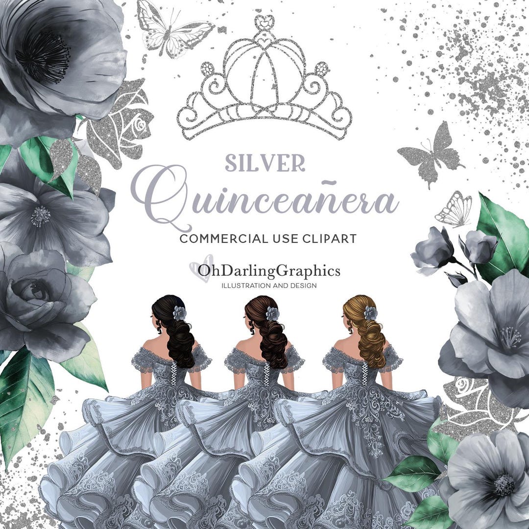 Silver Princess Dress Clipart, Silver Quinceañera Dress, Silver Flowers ...