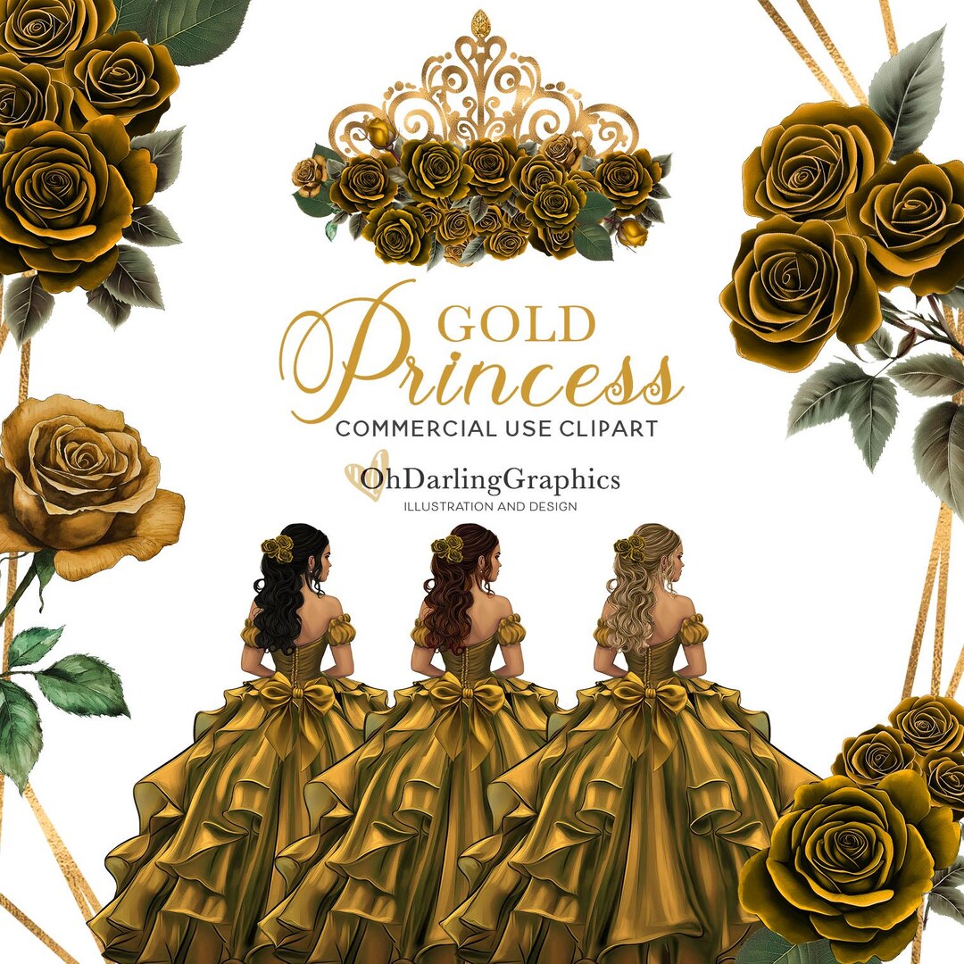 Gold Princess Dress Clipart, Gold Quinceañera Dress, Gold Flowers ...