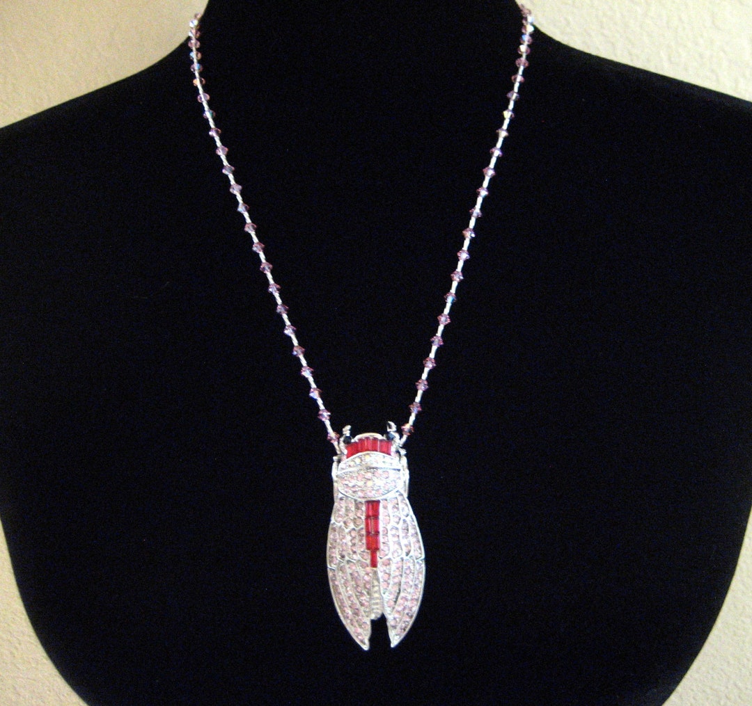 Unique Swarovski Crystal Pink Cicada Locust Cricket Pendant Necklace ...