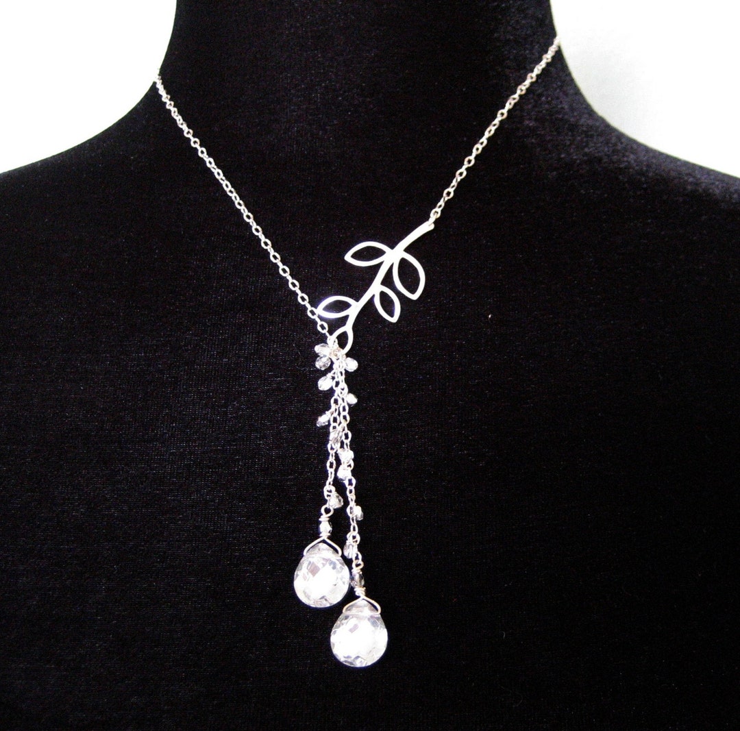 Romantic Sterling Silver Chain Lariat Necklace With Brilliant Crystal ...
