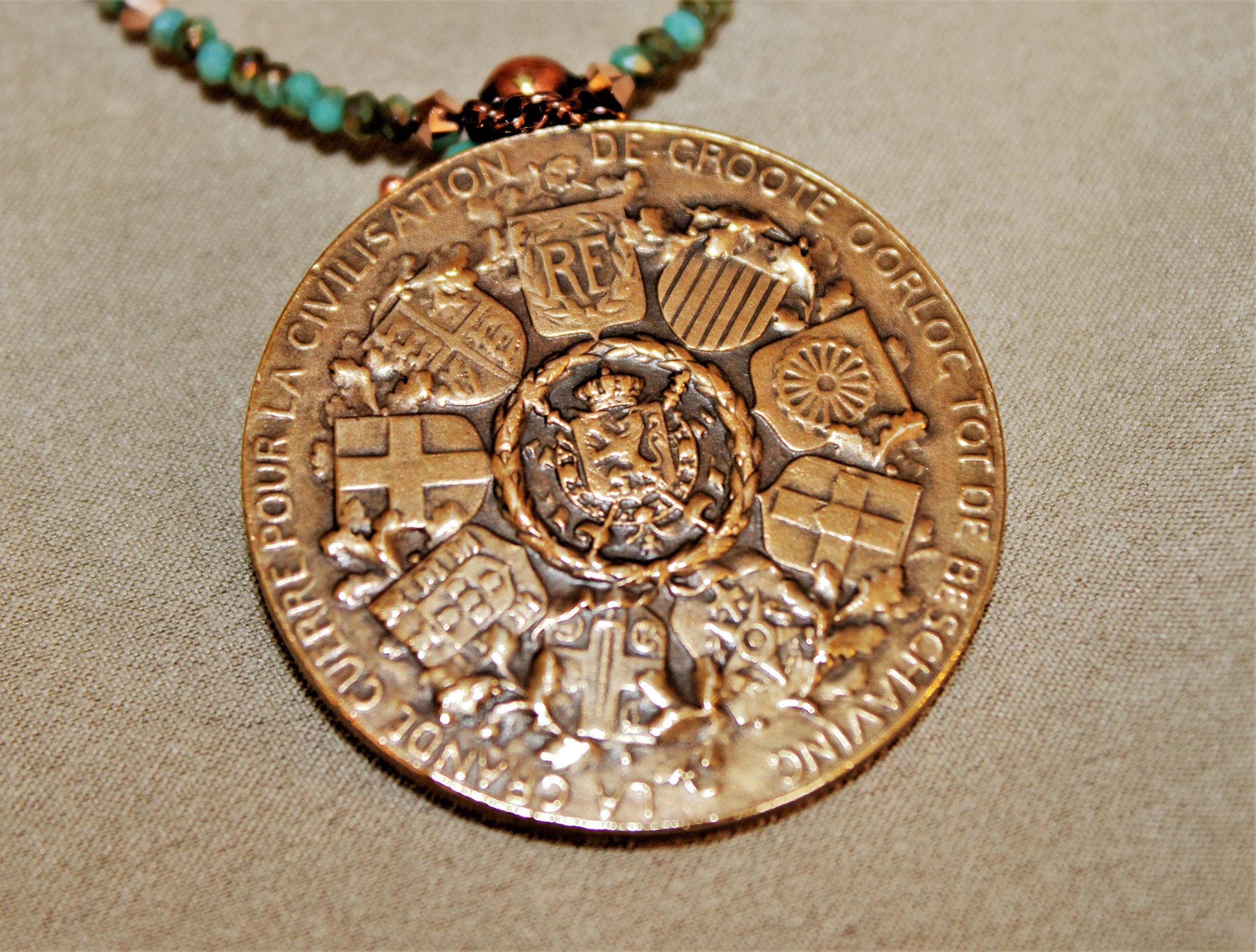 Antique WWI Bronze Belgium Victory Medal Necklace - Art Nouveau Winged ...