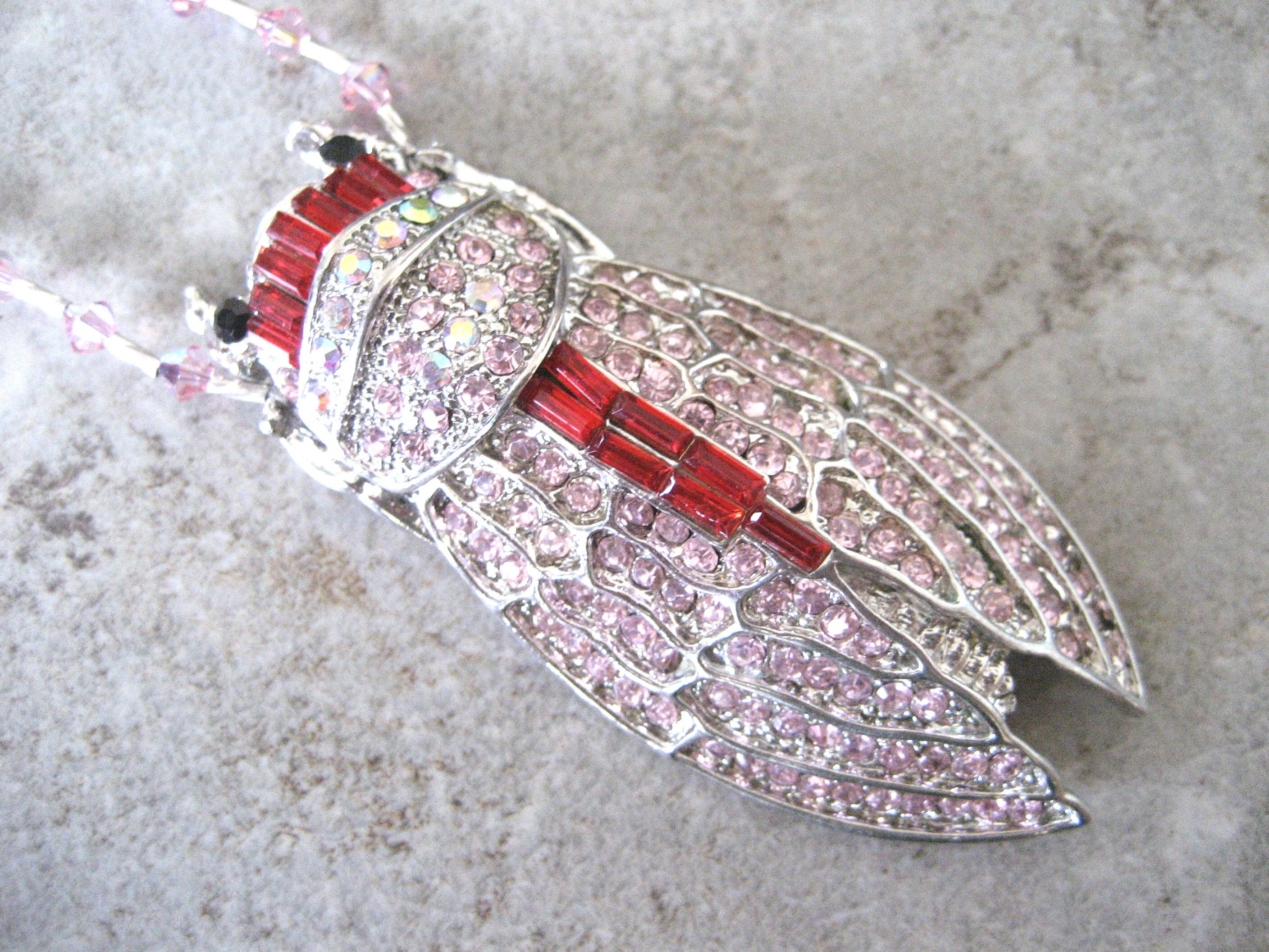 Unique Swarovski Crystal Pink Cicada Locust Cricket Pendant Necklace ...