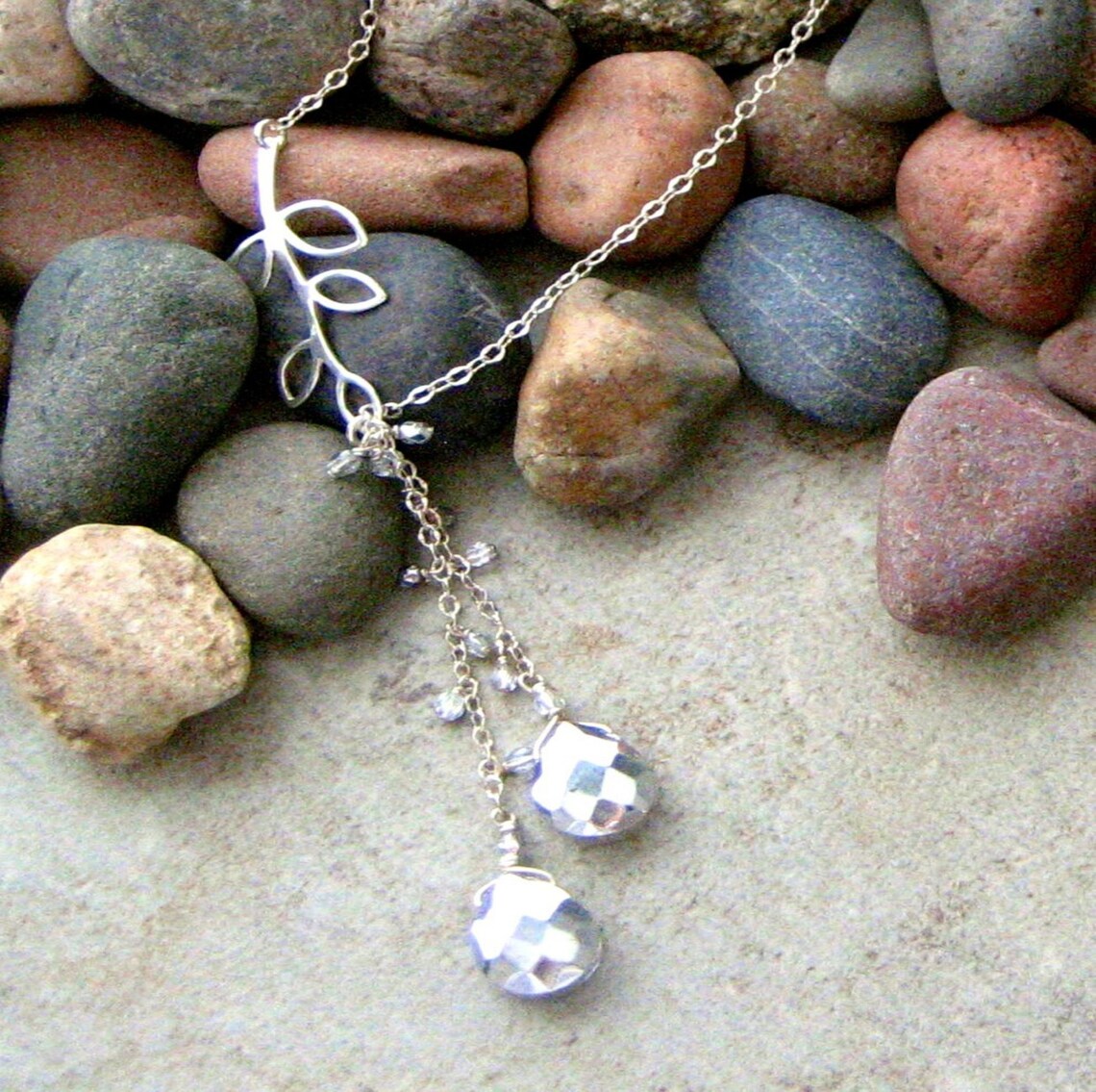 Romantic Sterling Silver Chain Lariat Necklace With Brilliant Crystal ...