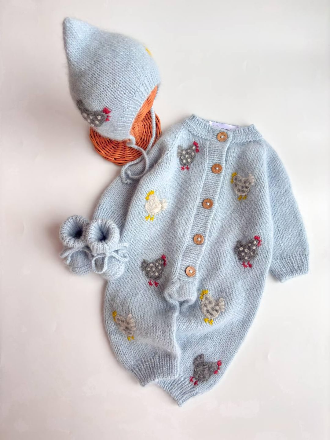 Hand Knit Alpaca Newborn Outfit: Embroidered Chicken Romper & Bonnet - Etsy
