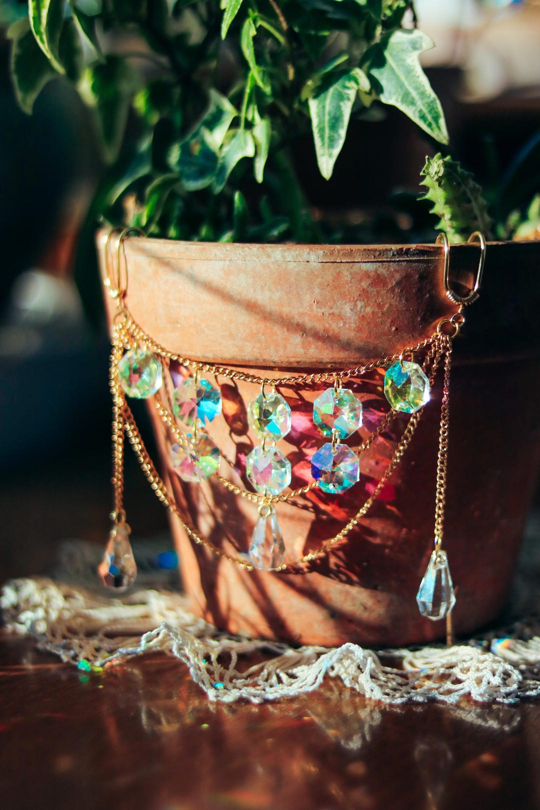 Crystal Plant Pot Charm With Sun Catchers and Chains - Etsy