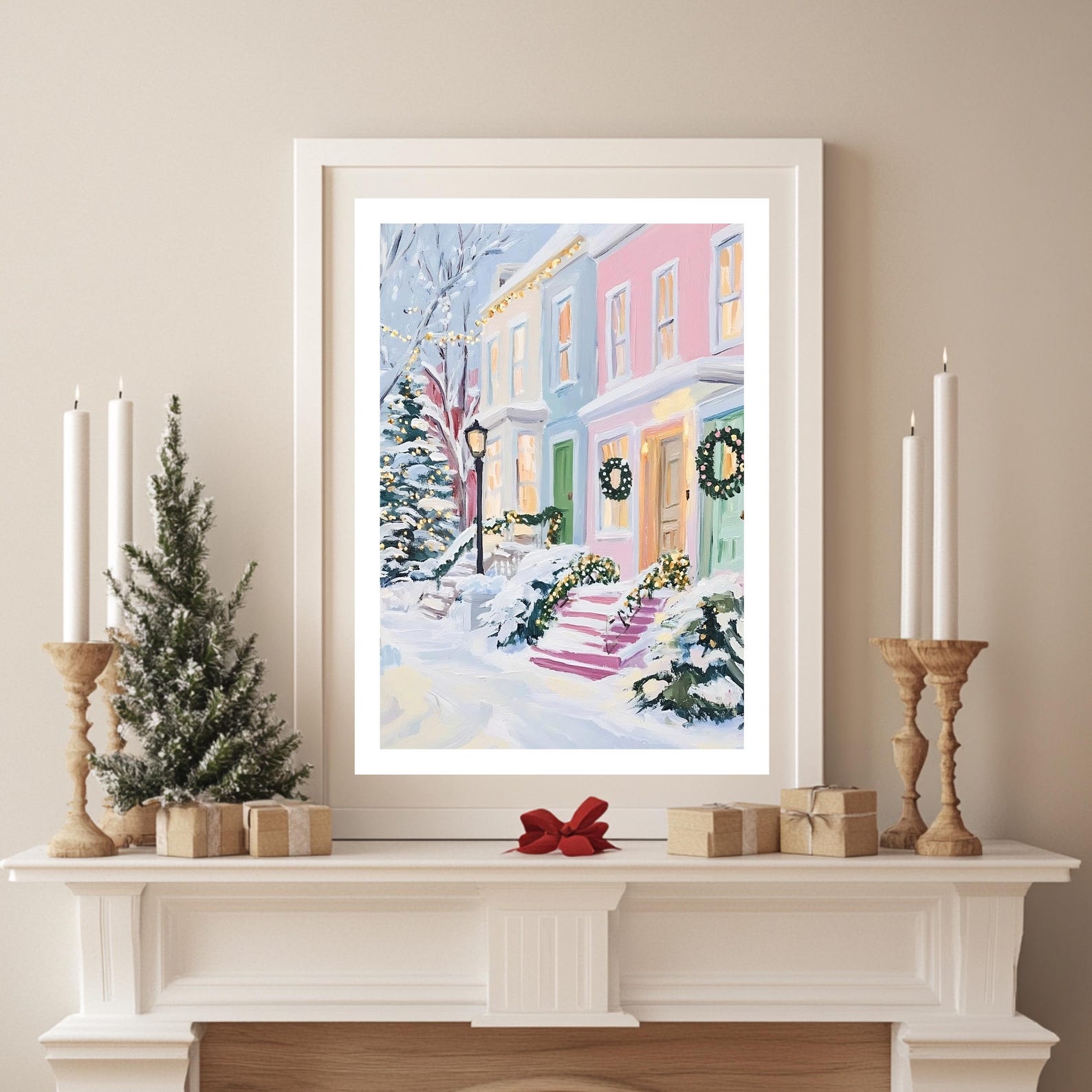Pastel Christmas Village Wall Art Pink Winter Christmas Village Art ...