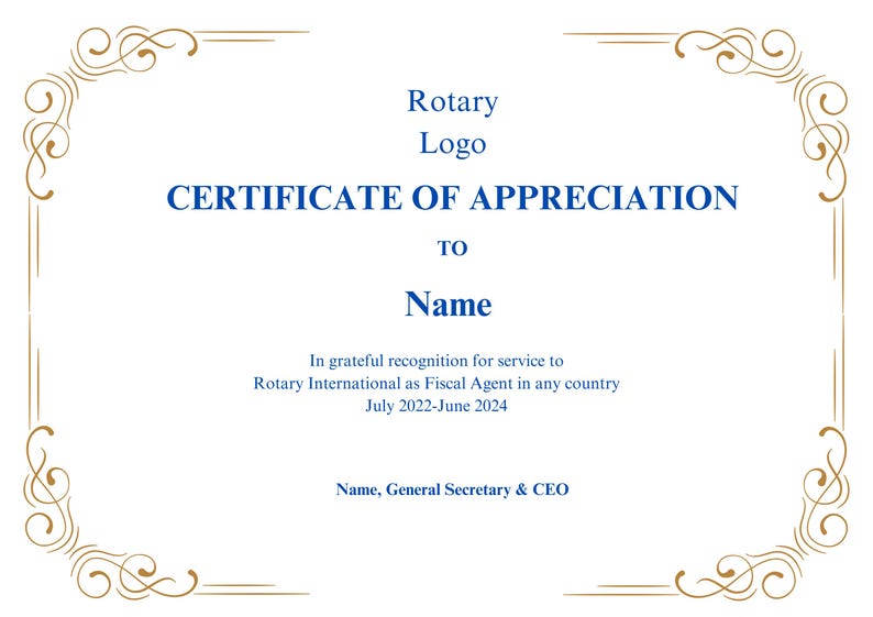 Rotary Club Certificate of Appreciation Template | Canva Editable - Etsy