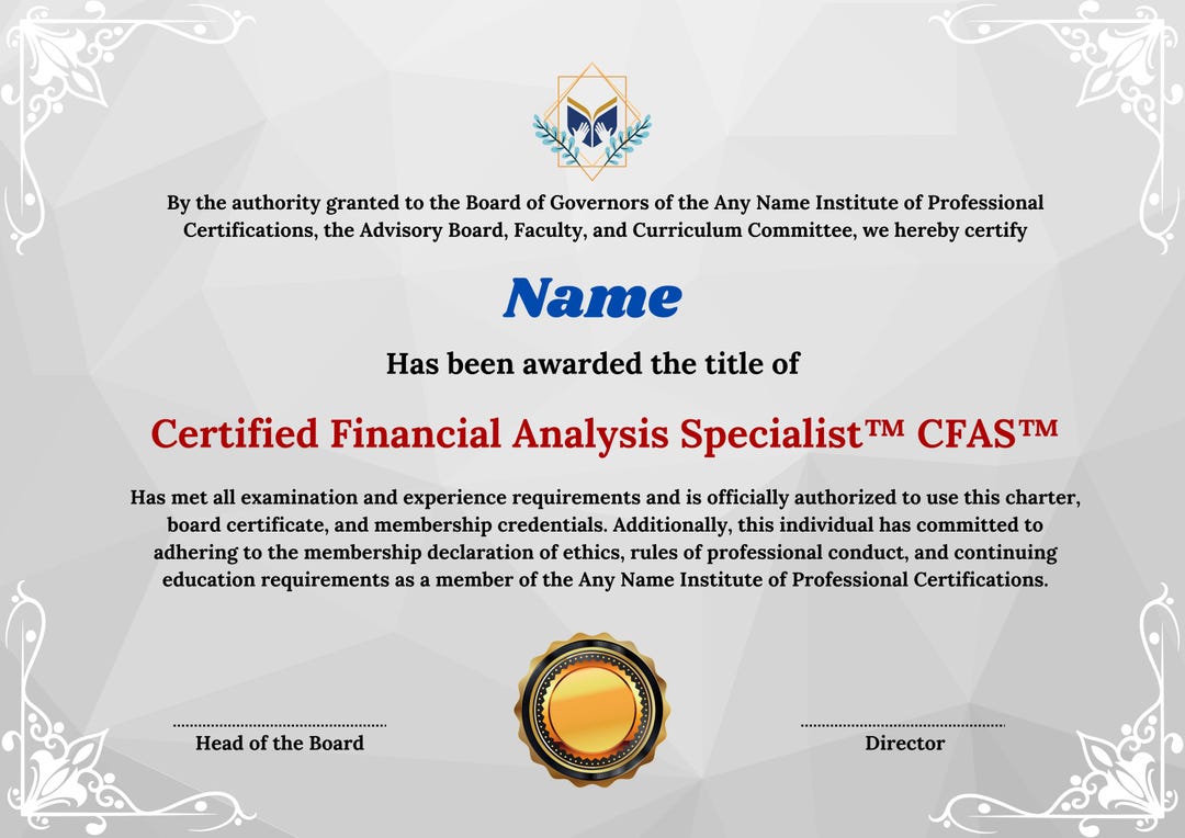 Editable Certified Financial Analyst Certificate Template Instant ...