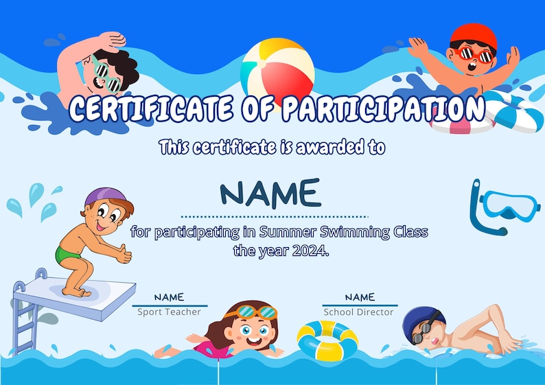 Editable Certificate of Participation in Summer Swimming Class ...