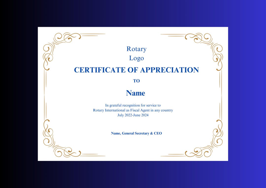 Rotary Club Certificate of Appreciation Template | Canva Editable - Etsy