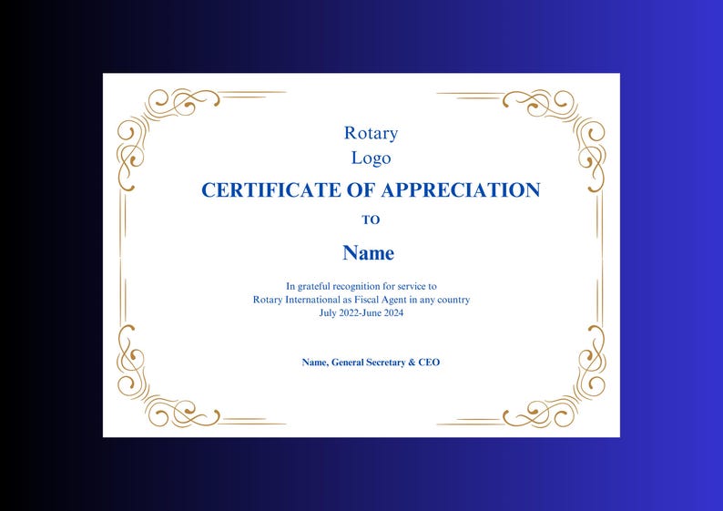 Rotary Club Certificate of Appreciation Template | Canva Editable - Etsy