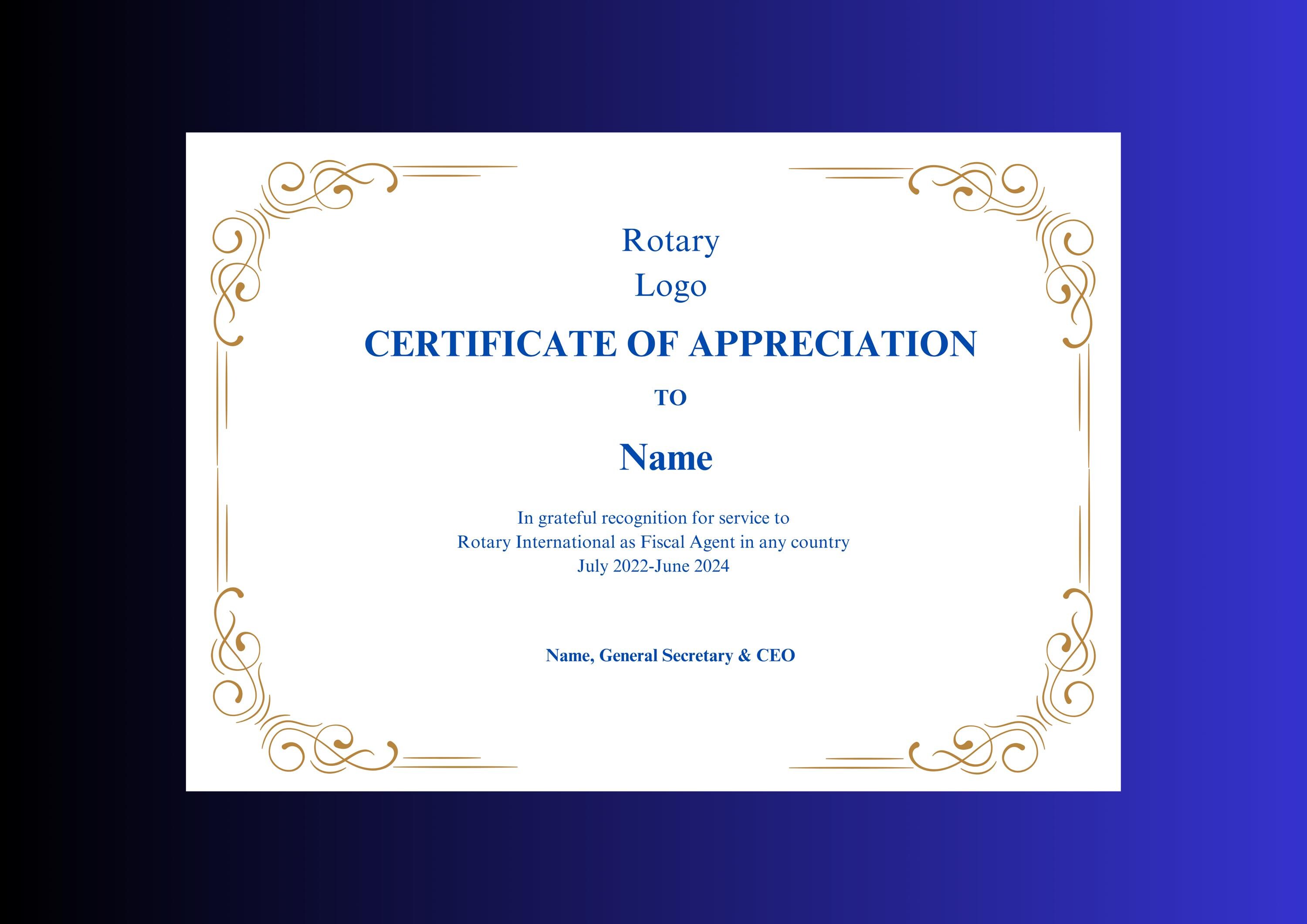 Rotary Club Certificate of Appreciation Template | Canva Editable - Etsy