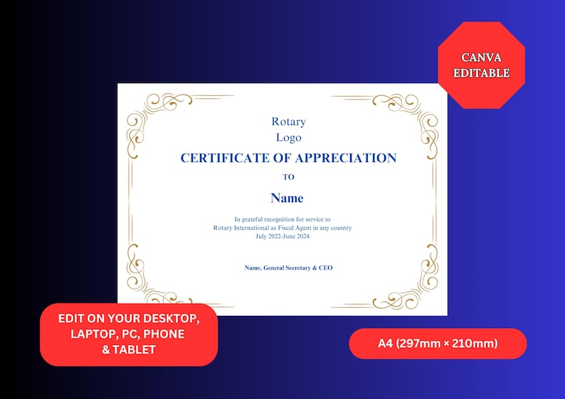 Rotary Club Certificate of Appreciation Template | Canva Editable - Etsy