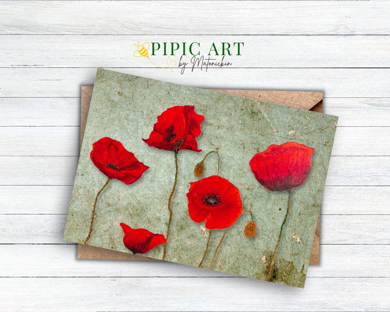 Printable 'poppy Love' Foldable Card With Vintage Green Background Hand ...