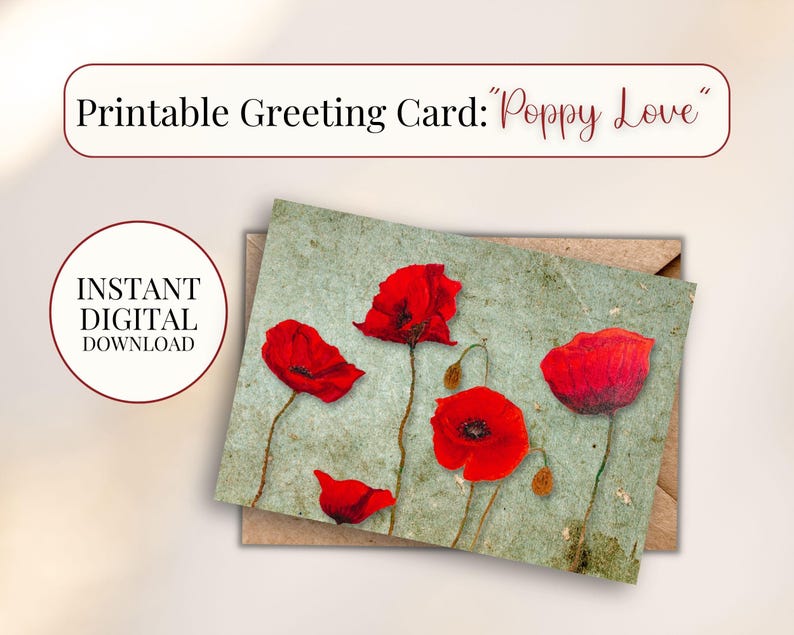 Printable 'poppy Love' Foldable Card With Vintage Green Background Hand ...